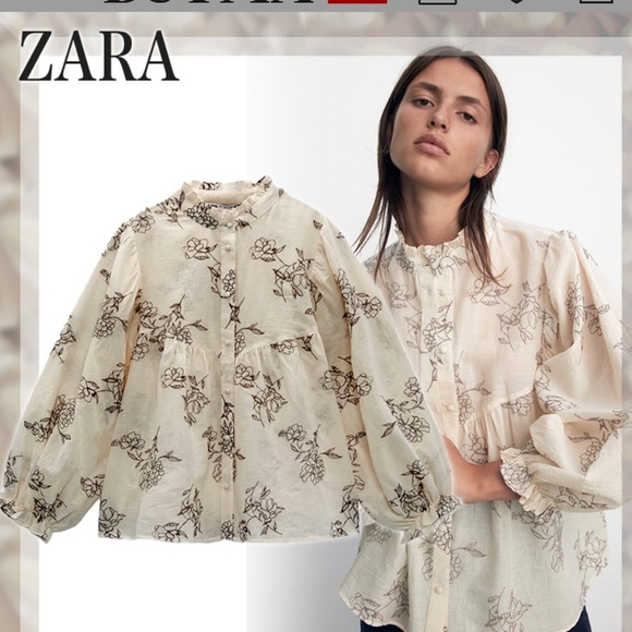 Zara | Tops | Zara Stand Collar Women Blouse Flower Embroidered Shirt ...